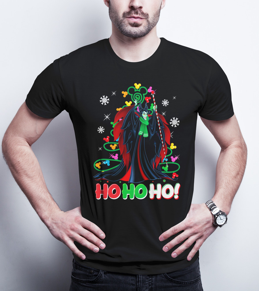 Maleficent Christmas Ho Ho Ho Snowflakes And Mickey Ears T-Shirt