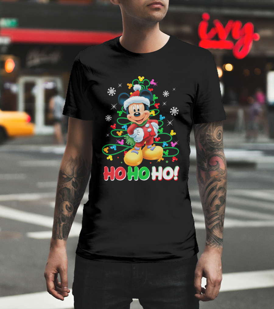 Mickey Mouse Christmas Ho Ho Ho Santa Outfit Snowflakes And Colorful Lights T-Shirt