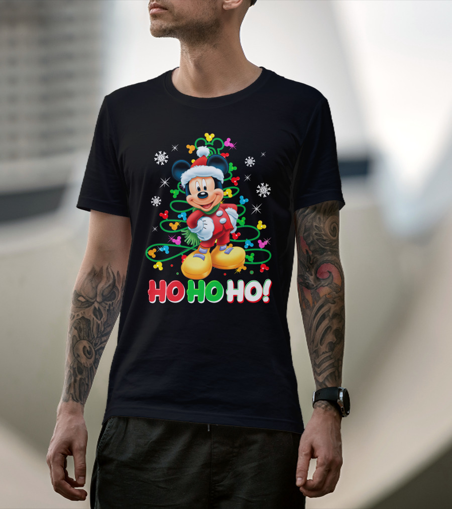 Mickey Mouse Christmas Ho Ho Ho Santa Outfit Snowflakes And Colorful Lights T-Shirt