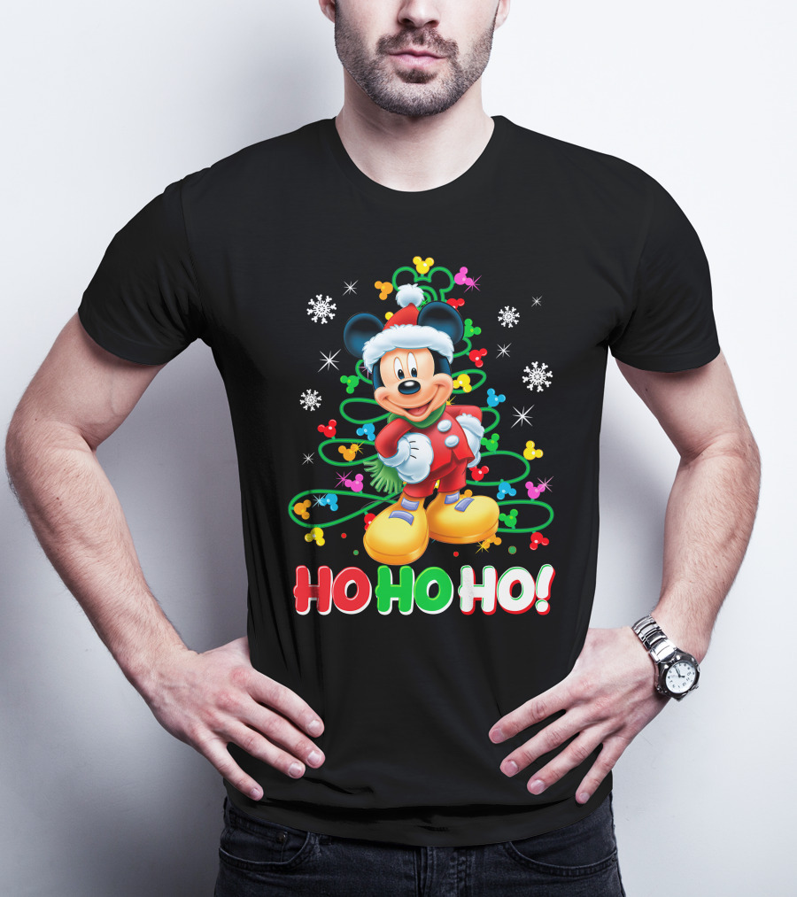 Mickey Mouse Christmas Ho Ho Ho Santa Outfit Snowflakes And Colorful Lights T-Shirt