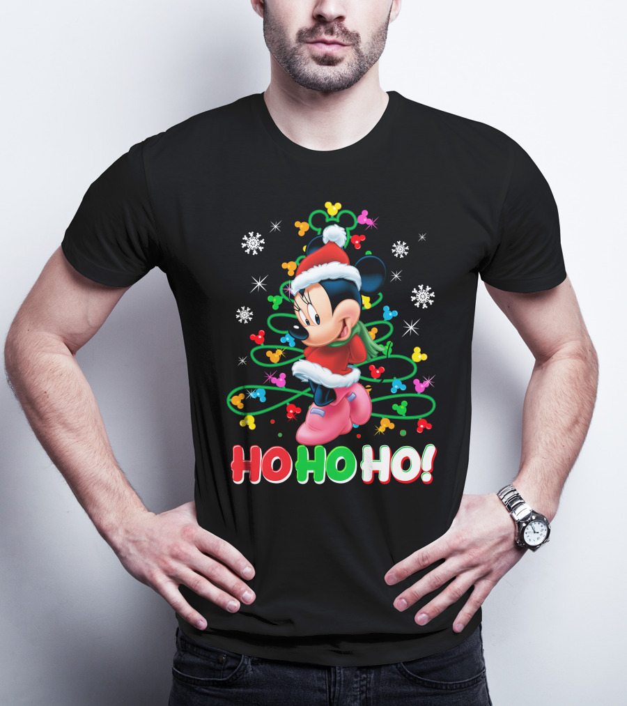 Minnie Mouse Christmas Ho Ho Ho Santa Hat Winter Holiday Snowflakes T-Shirt