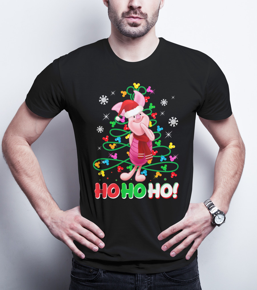 Piglet Christmas Ho Ho Ho Santa Hat Festive Holiday Snowflakes T-Shirt