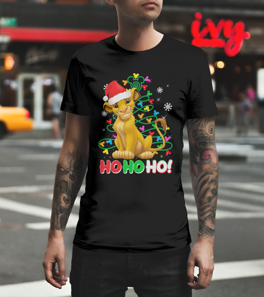 Simba Christmas Tree Ho Ho Ho Snowflakes Santa Hat T-Shirt