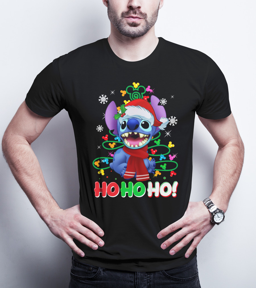 Stitch Christmas Ho Ho Ho Santa Hat Holiday Snowflakes Mickey Ears T-Shirt