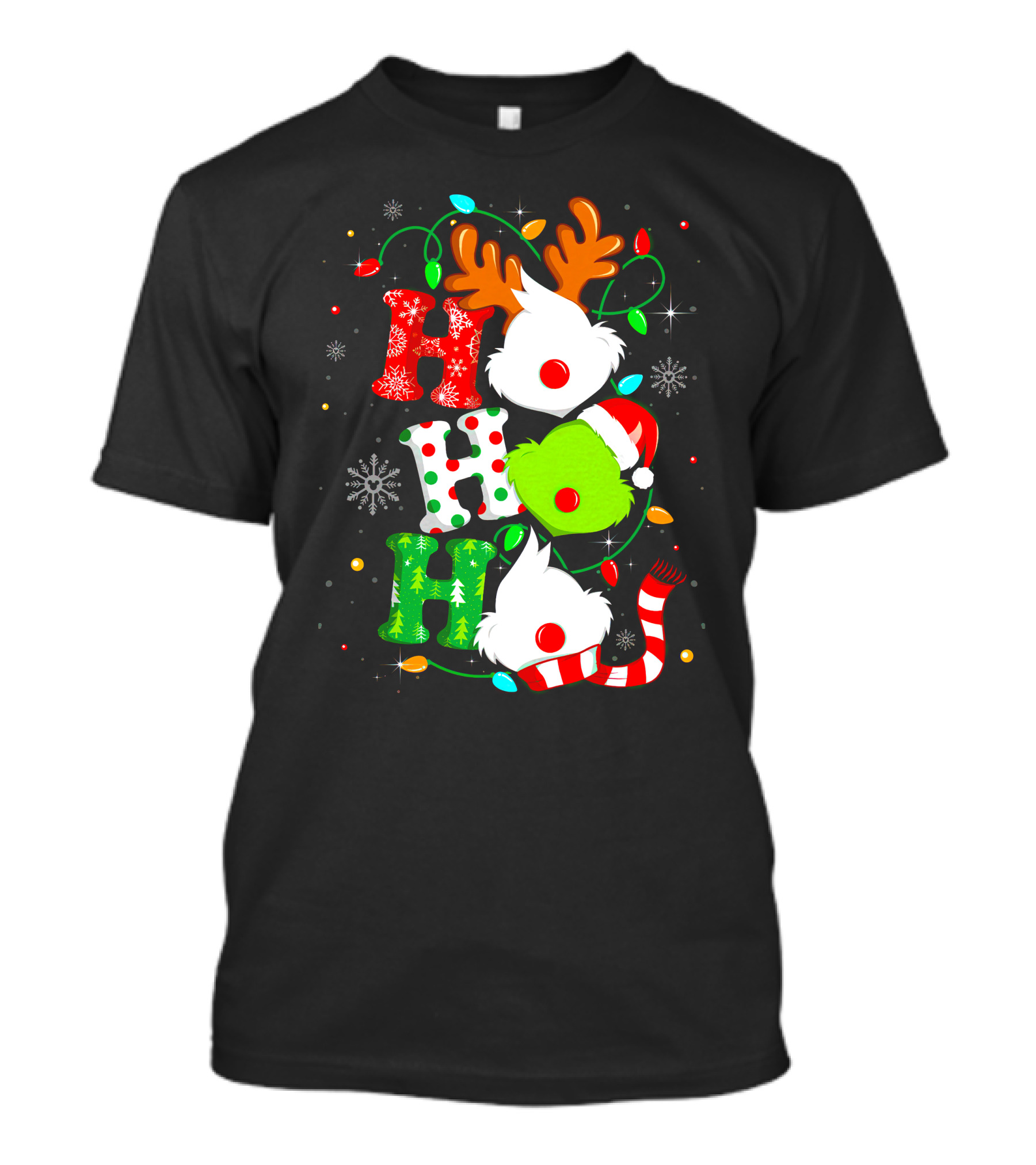 Ho Ho Ho Grinch Christmas Lights Reindeer Antlers Santa Hat Snowflakes T-Shirt