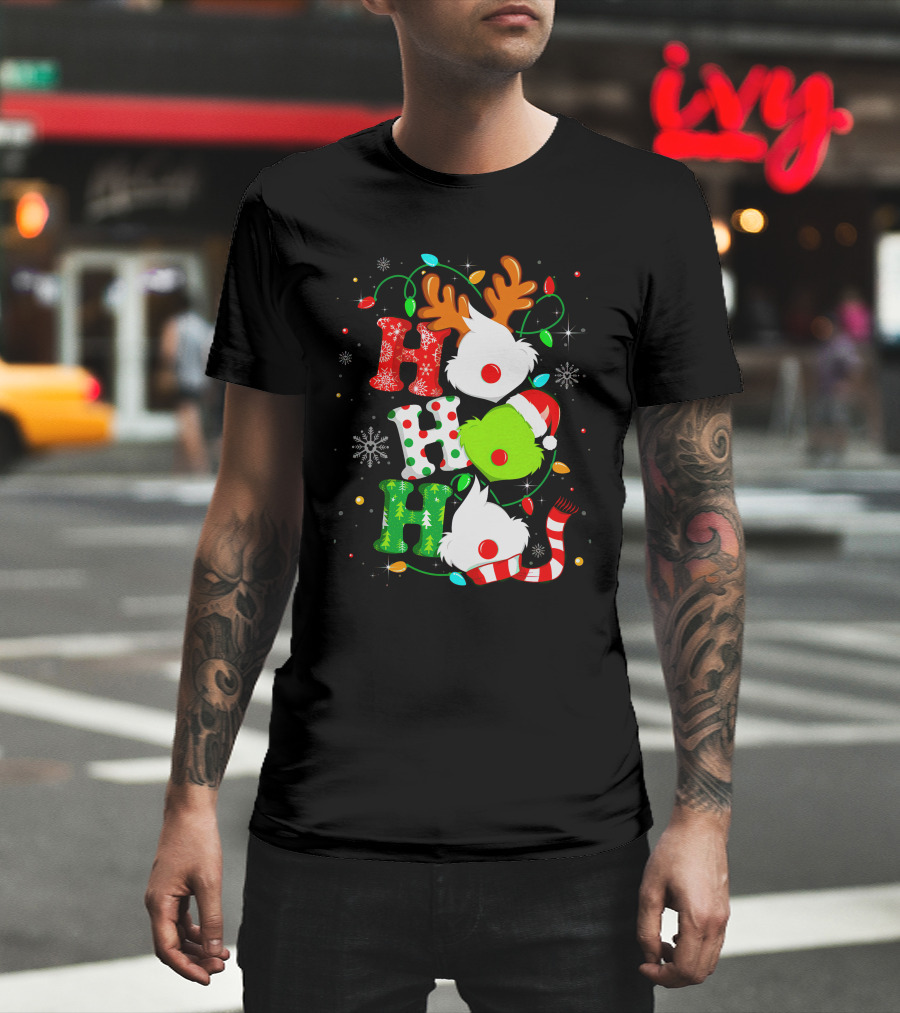 Ho Ho Ho Grinch Christmas Lights Reindeer Antlers Santa Hat Snowflakes T-Shirt