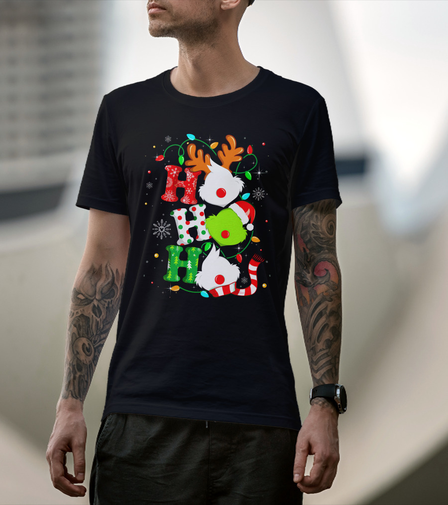 Ho Ho Ho Grinch Christmas Lights Reindeer Antlers Santa Hat Snowflakes T-Shirt