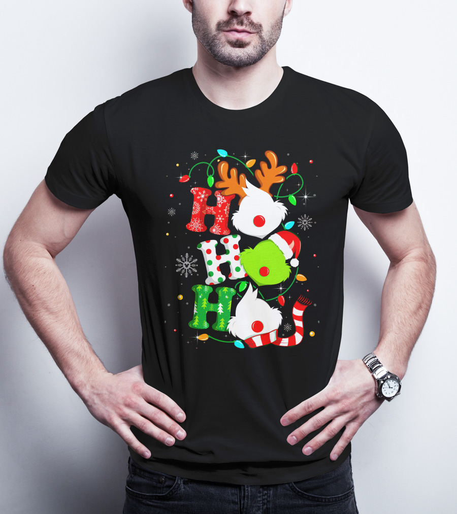 Ho Ho Ho Grinch Christmas Lights Reindeer Antlers Santa Hat Snowflakes T-Shirt