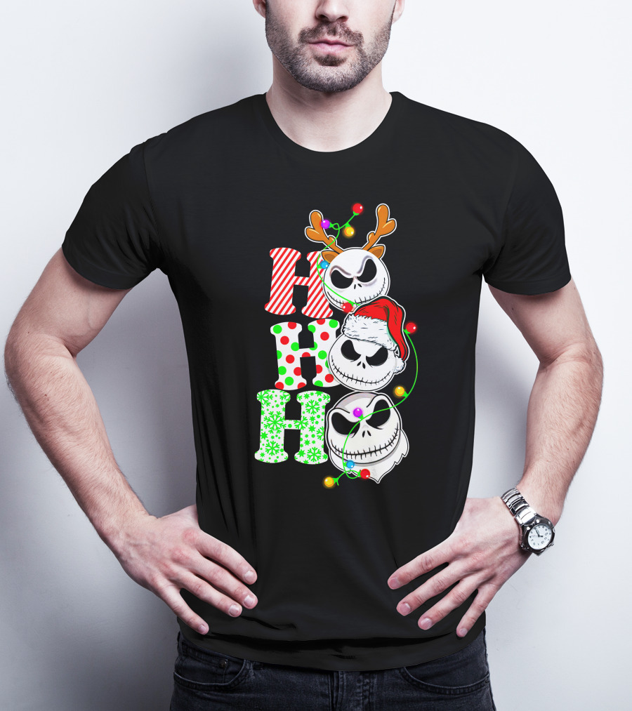 Ho Ho Ho Jack Skellington Christmas Lights Reindeer Antlers Santa Hat T-Shirt