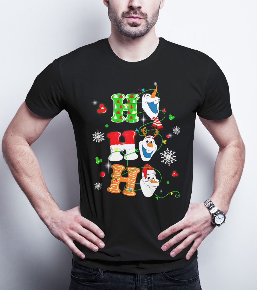 H H H Olaf Snowman With Christmas Trees And Snowflakes Holiday Theme T-Shirt