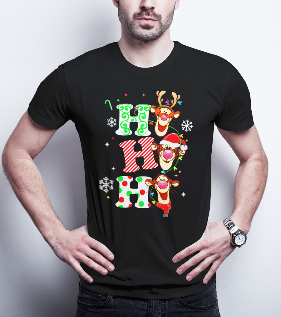 Ho Ho Ho Tigger Christmas Reindeer Santa Snowflakes T-Shirt