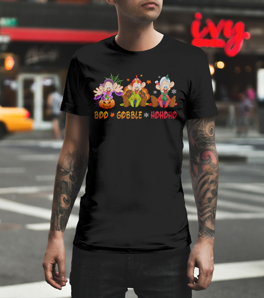 Boo Gobble Hohoho Dopey Halloween Thanksgiving Christmas Holiday Trio T-Shirt