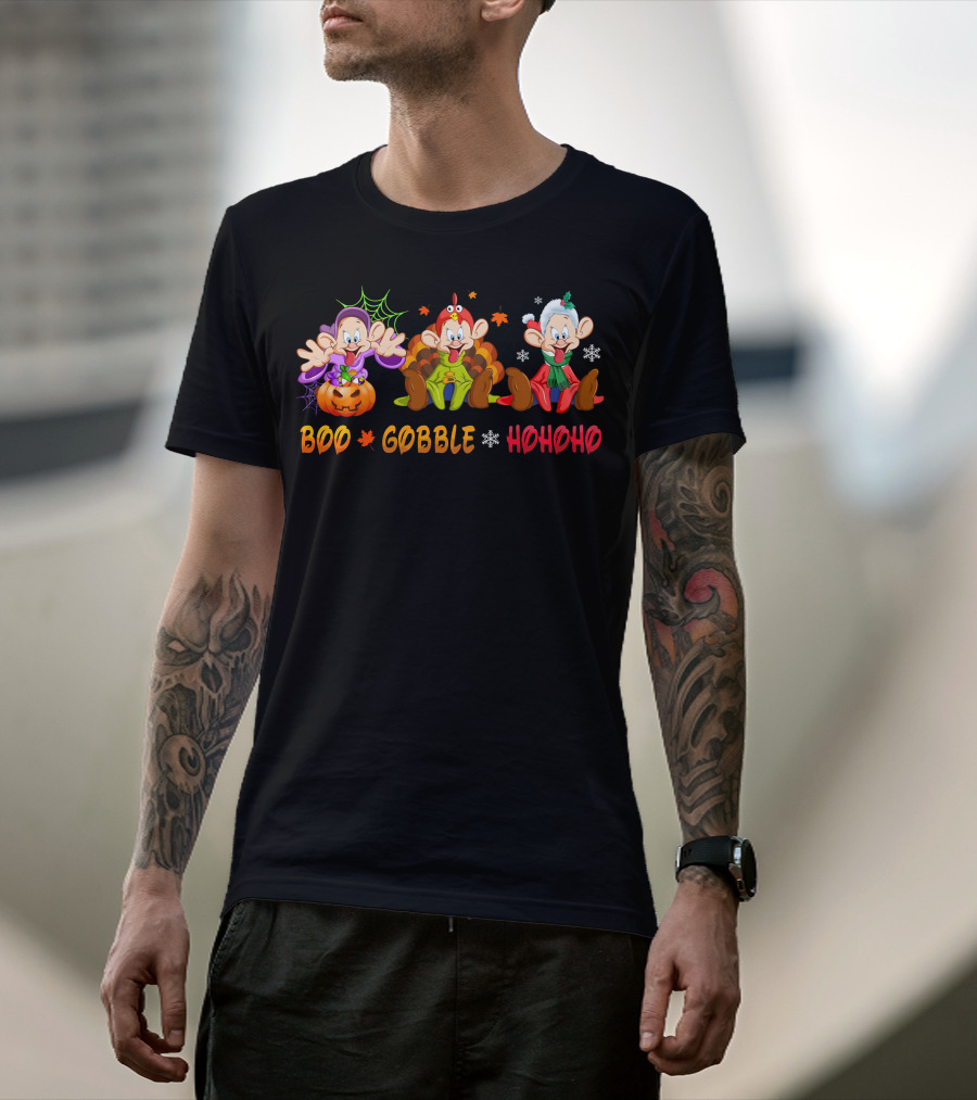 Boo Gobble Hohoho Dopey Halloween Thanksgiving Christmas Holiday Trio T-Shirt