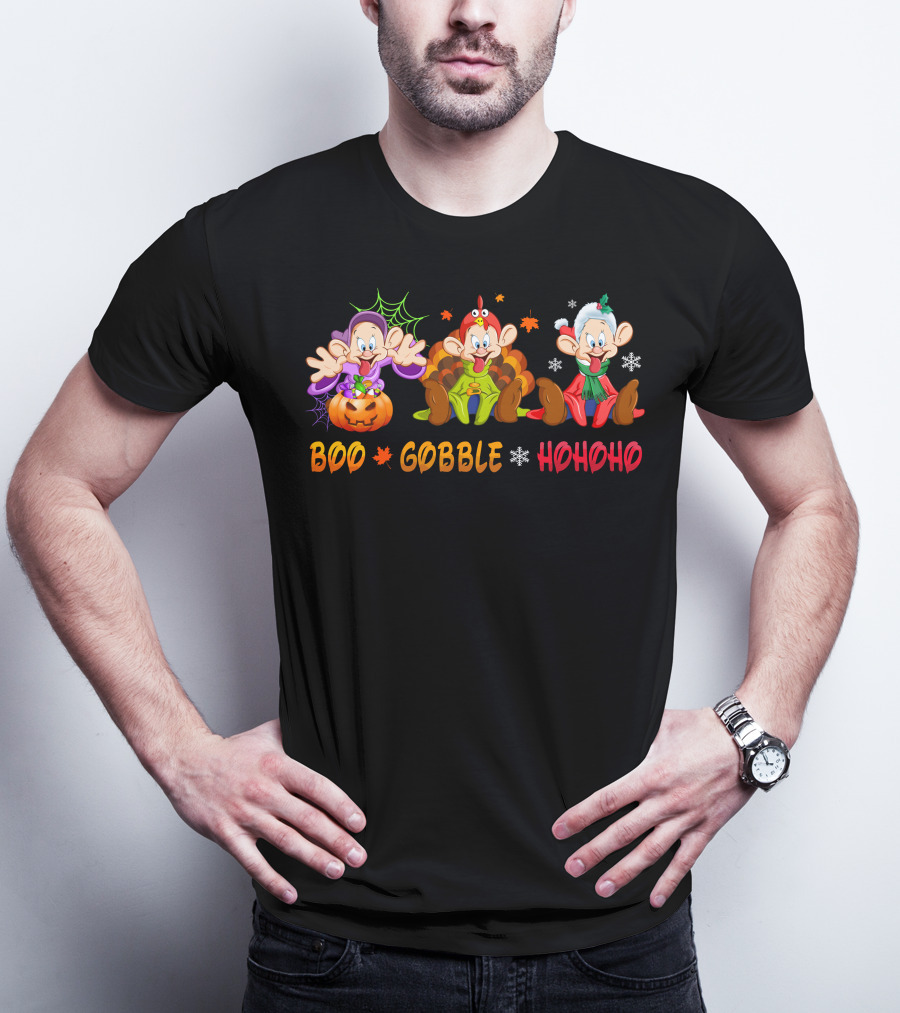 Boo Gobble Hohoho Dopey Halloween Thanksgiving Christmas Holiday Trio T-Shirt