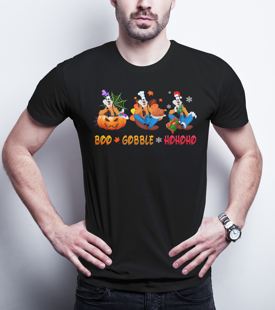Boo Gobble Hohoho Goofy Halloween Thanksgiving Christmas T-Shirt
