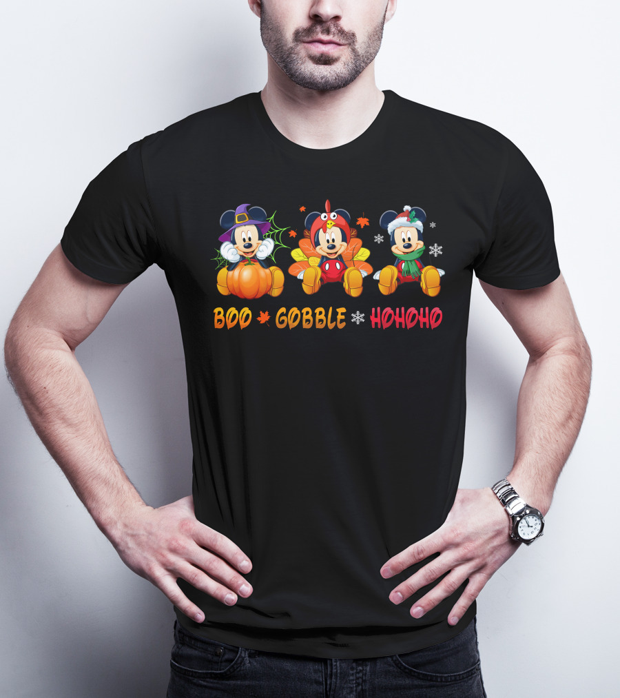 Boo Gobble Ho Ho Ho Mickey Halloween Thanksgiving Christmas T-Shirt