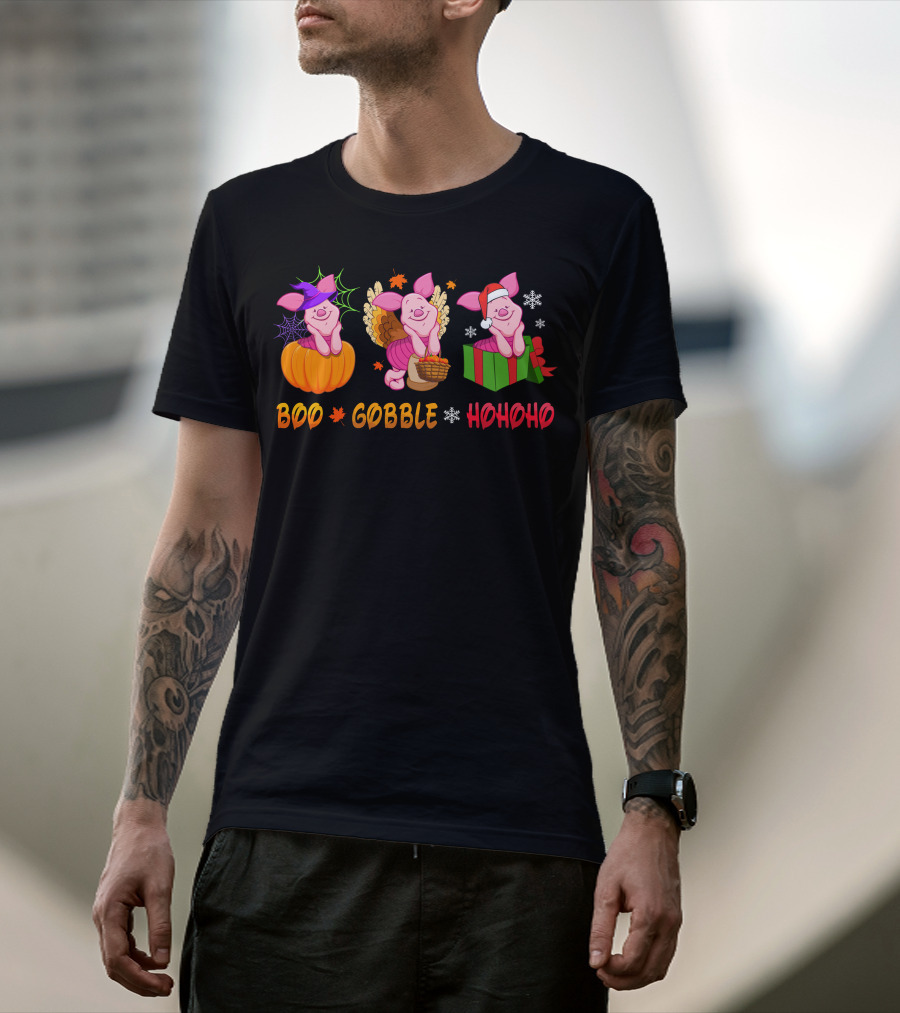 Boo Gobble Hohoho Piglet Halloween Thanksgiving Christmas T-Shirt