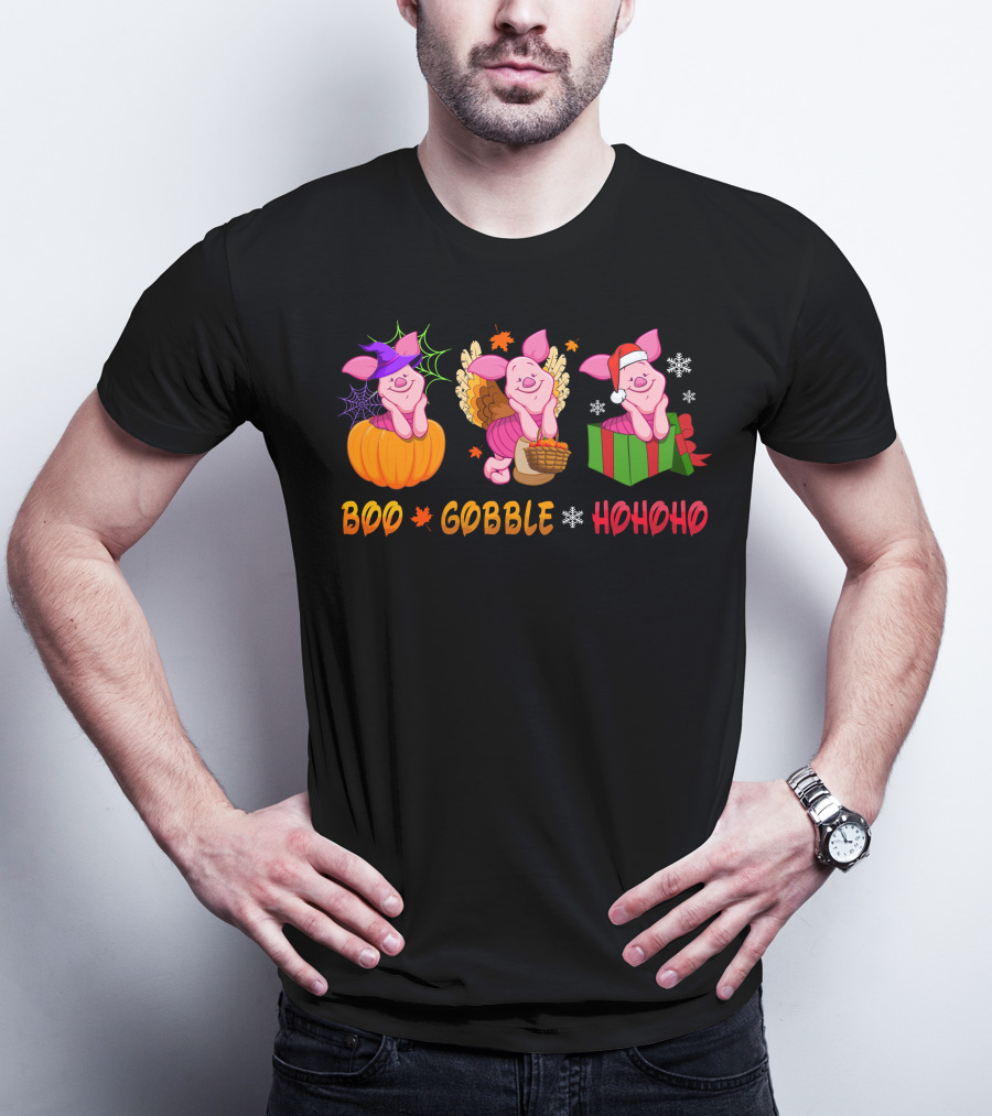 Boo Gobble Hohoho Piglet Halloween Thanksgiving Christmas T-Shirt