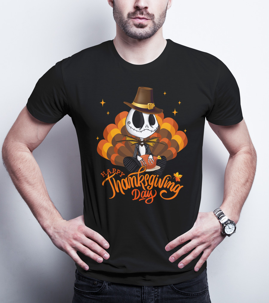 Happy Thanksgiving Day Jack Skellington With Pumpkin Turkey Hat T-Shirt