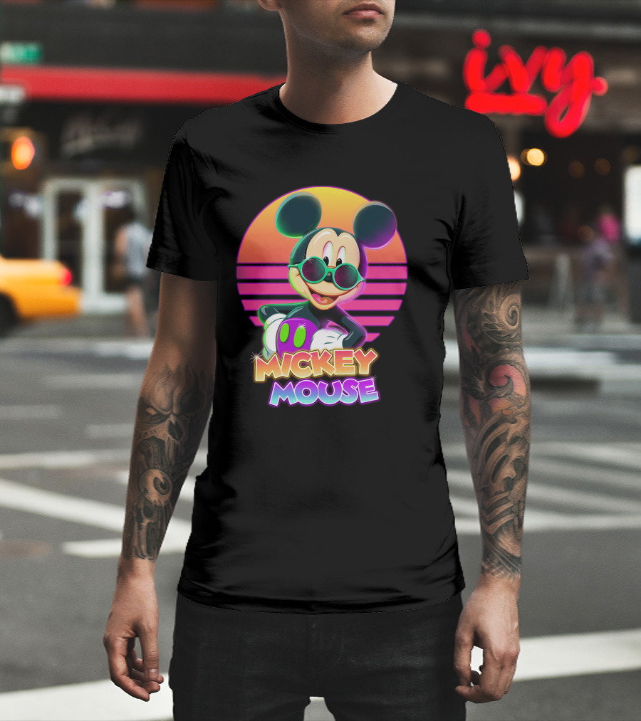 Mickey Mouse Retro Neon Style Sunglasses Sunset T-Shirt