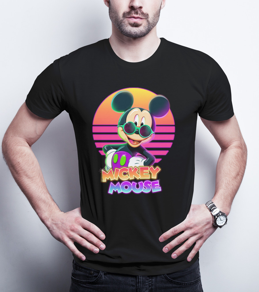 Mickey Mouse Retro Neon Style Sunglasses Sunset T-Shirt