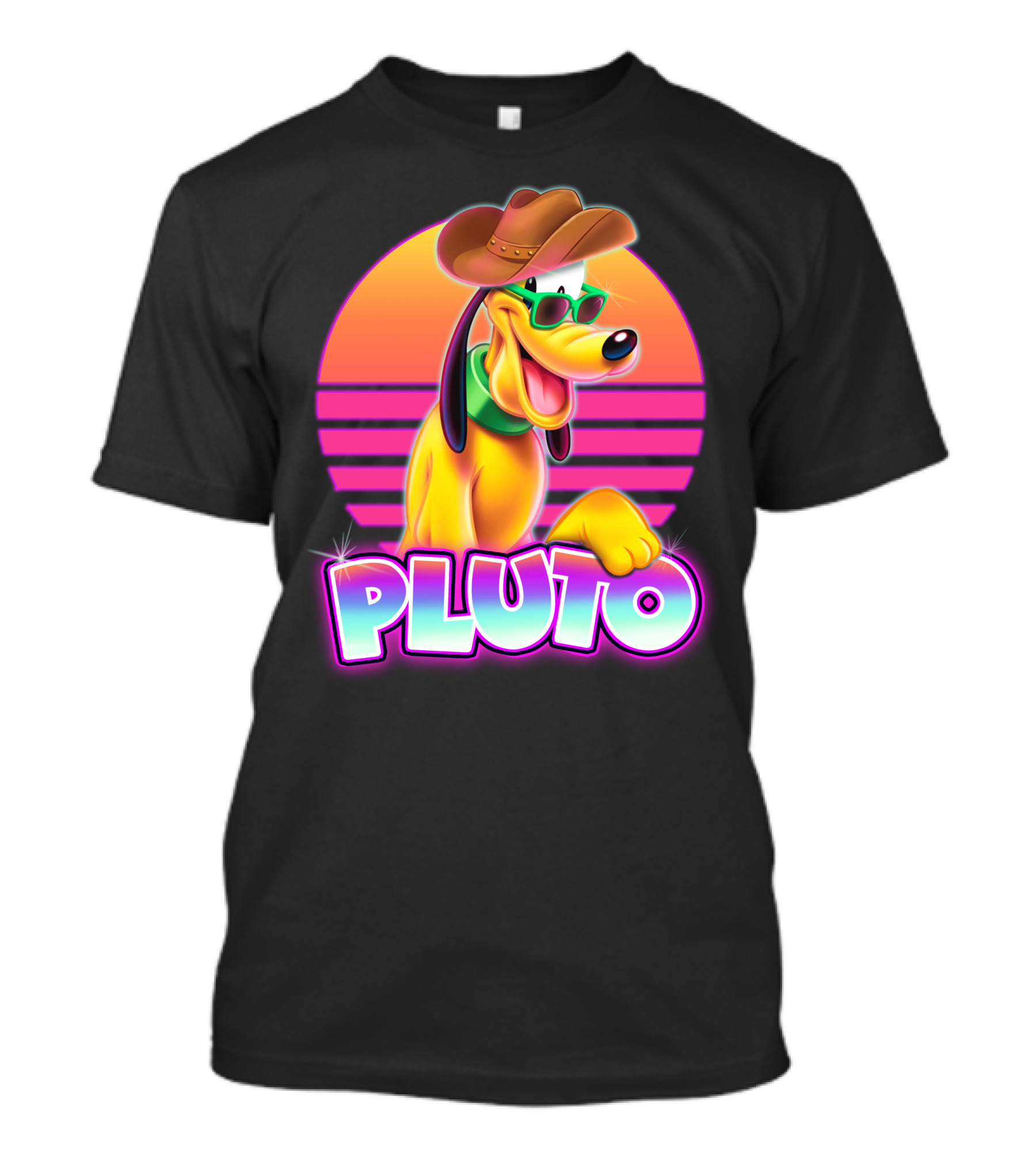 Pluto Retro Sunset Neon Style With Sunglasses And Cowboy Hat T-Shirt