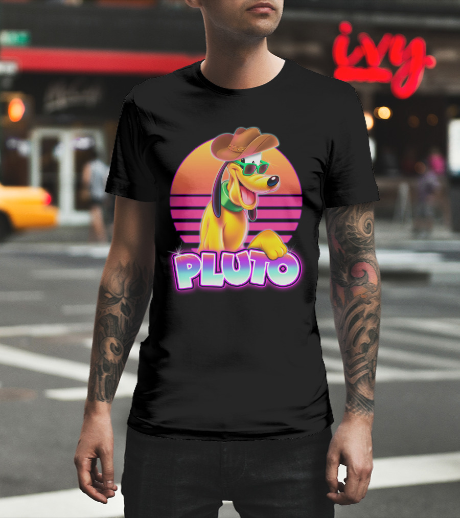 Pluto Retro Sunset Neon Style With Sunglasses And Cowboy Hat T-Shirt