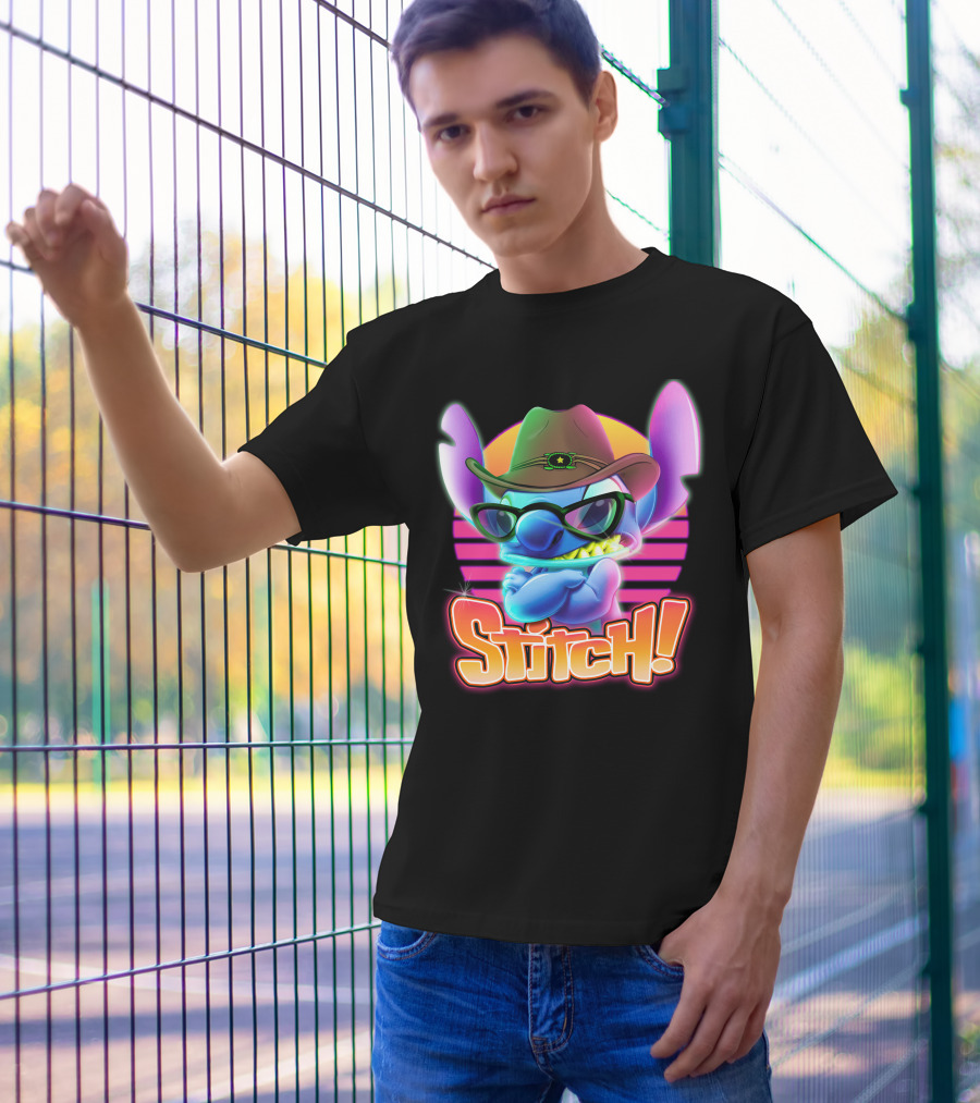 Stitch Neon Retro Cowboy Style With Sunglasses T-Shirt