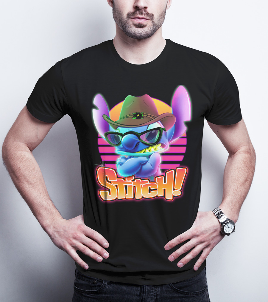 Stitch Neon Retro Cowboy Style With Sunglasses T-Shirt