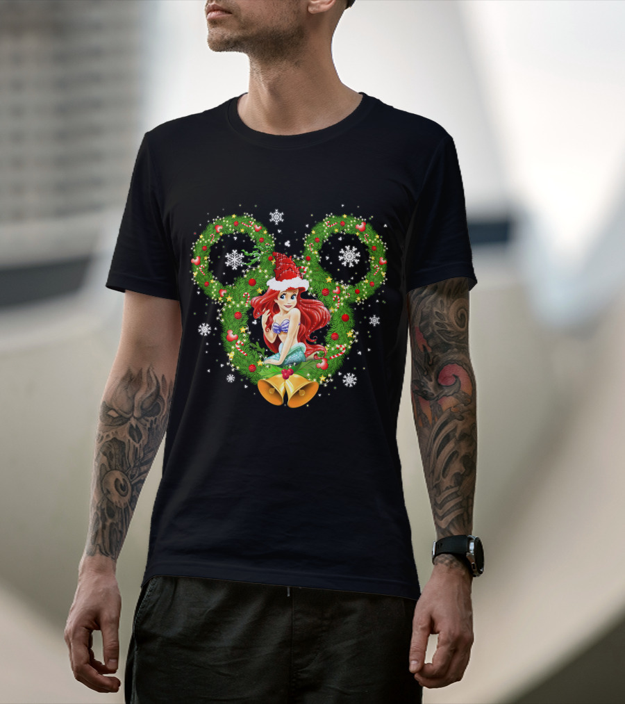 Ariel Christmas Holiday Wreath With Mickey Ears And Festive Bells T-Shirt