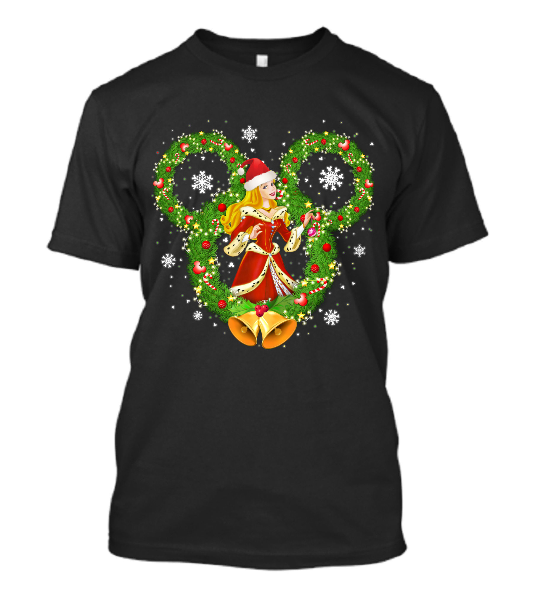 Aurora Christmas Wreath With Santa Hat And Bells Mickey Icon Snowflakes T-Shirt