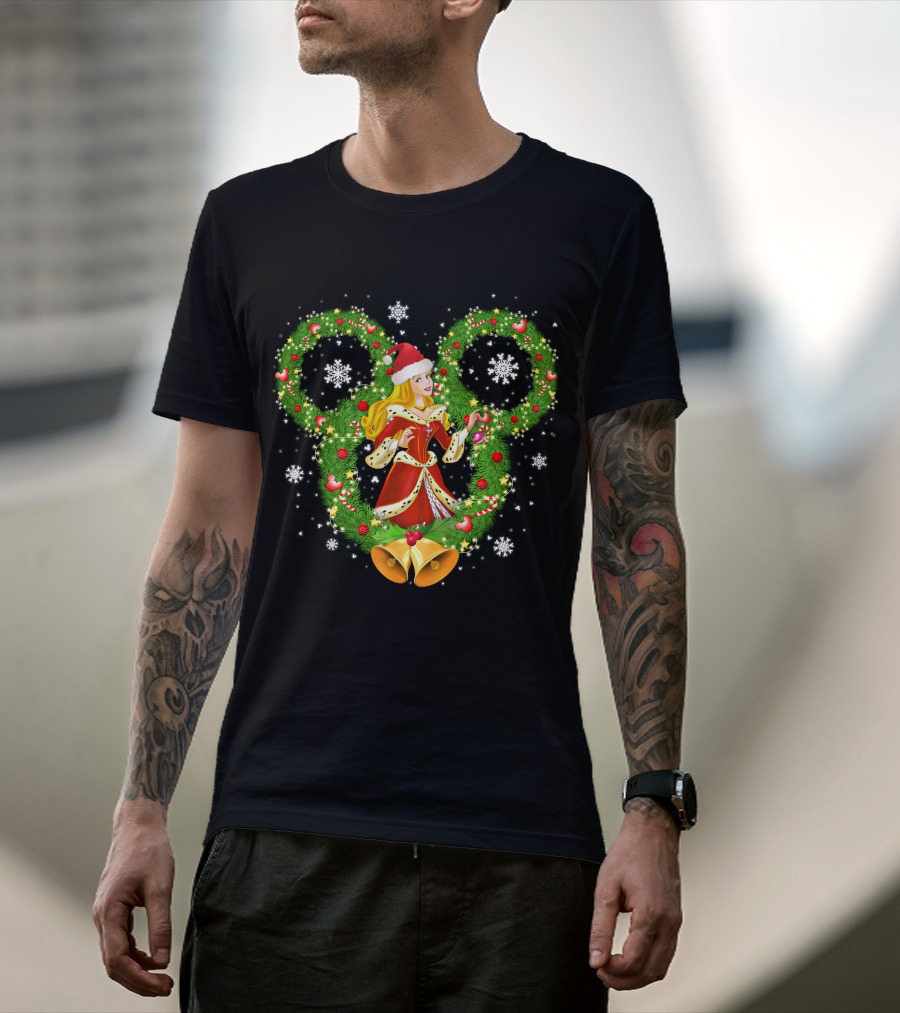 Aurora Christmas Wreath With Santa Hat And Bells Mickey Icon Snowflakes T-Shirt