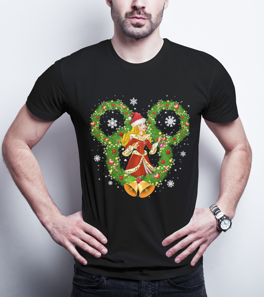 Aurora Christmas Wreath With Santa Hat And Bells Mickey Icon Snowflakes T-Shirt