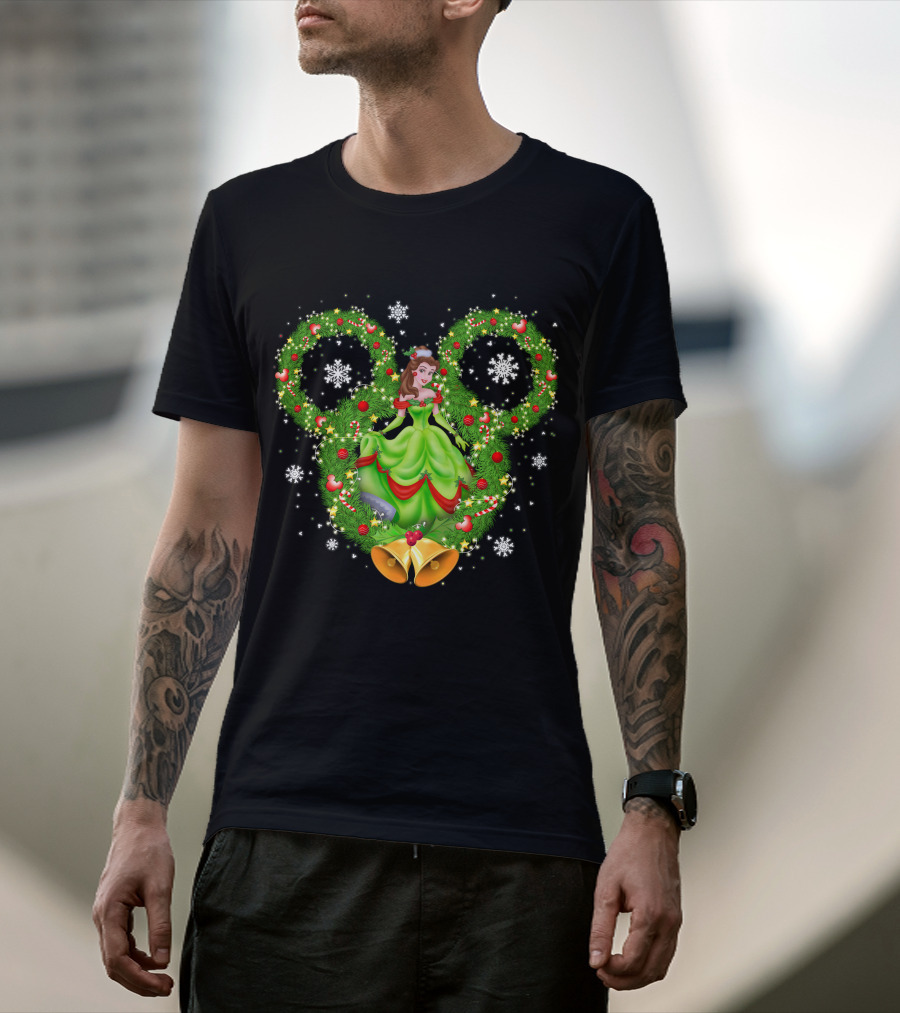 Belle Christmas Wreath Mickey Ears Snowflakes And Bells T-Shirt
