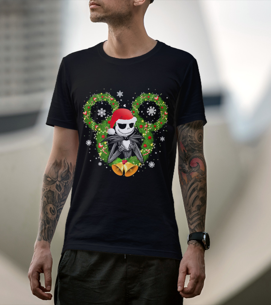Jack Skellington Santa Hat Christmas Wreath Mickey Ears T-Shirt