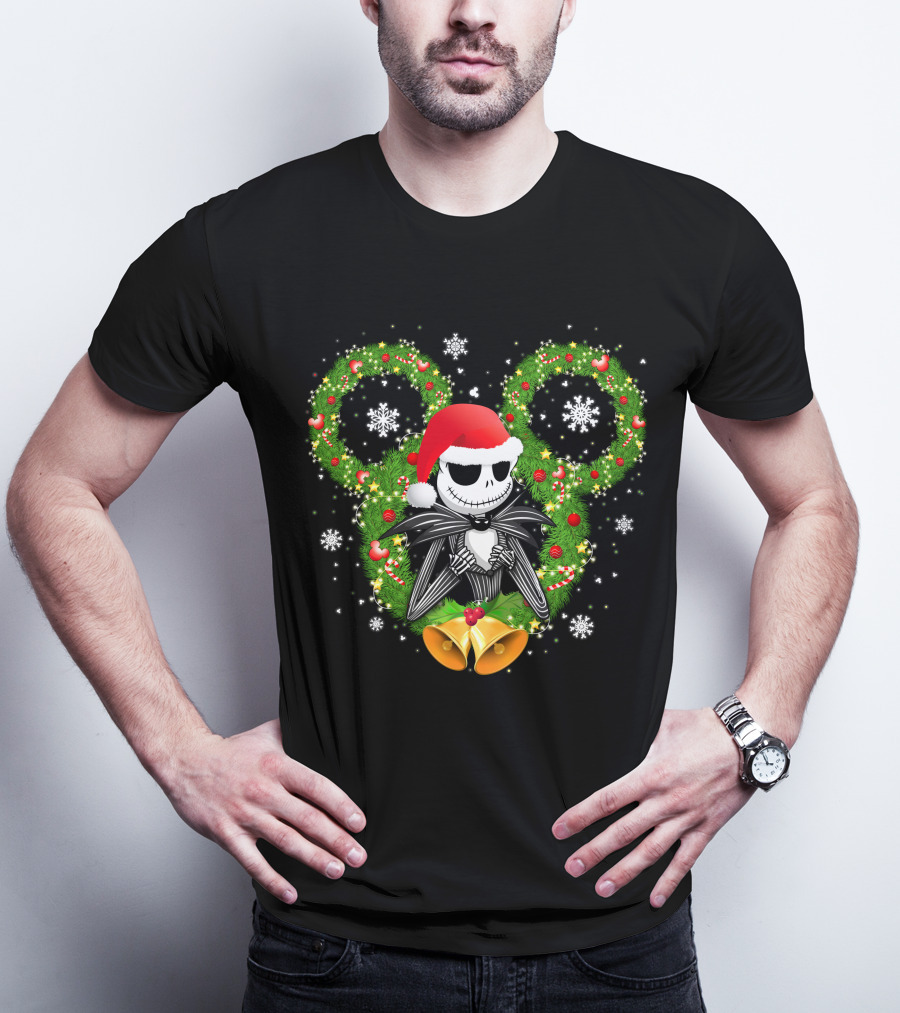 Jack Skellington Santa Hat Christmas Wreath Mickey Ears T-Shirt