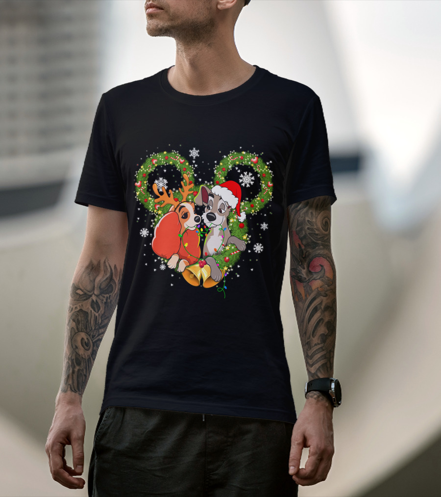 Lady And The Tramp Christmas Wreath Mickey Ears Snowflakes T-Shirt