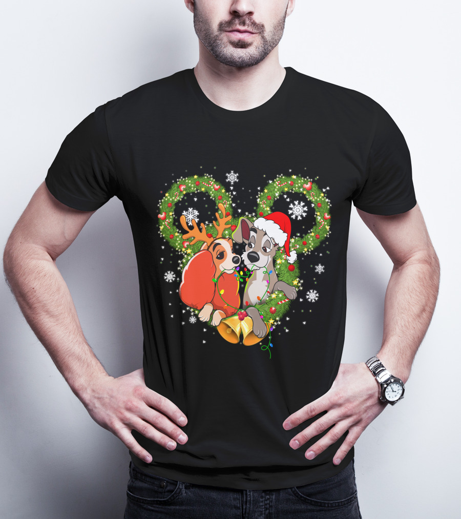 Lady And The Tramp Christmas Wreath Mickey Ears Snowflakes T-Shirt