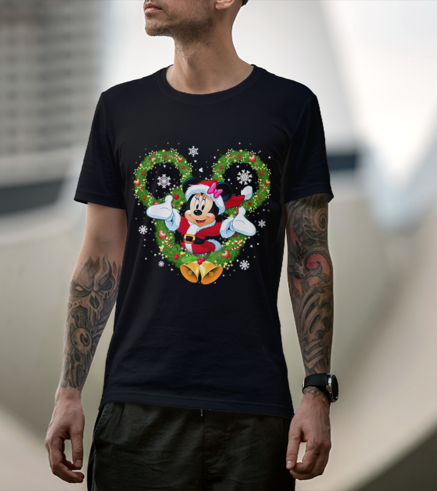 Minnie Mouse Christmas Wreath Santa Snowflakes Bow Bells T-Shirt