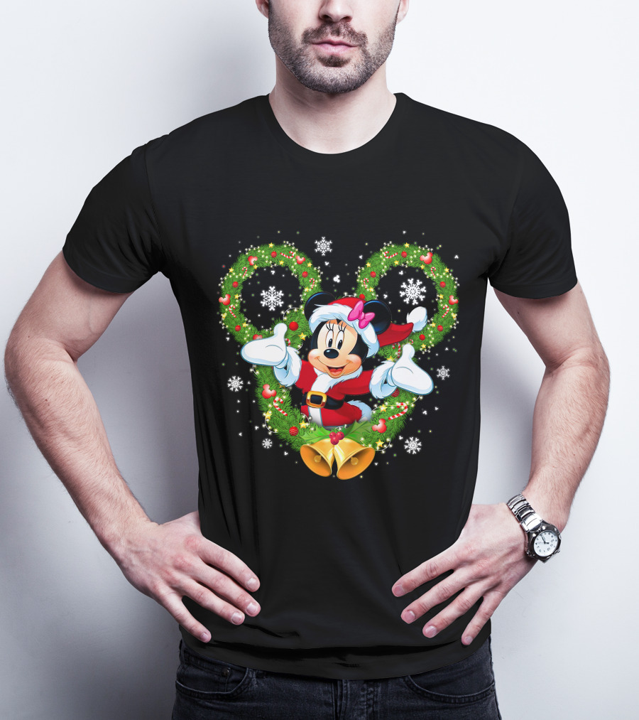 Minnie Mouse Christmas Wreath Santa Snowflakes Bow Bells T-Shirt