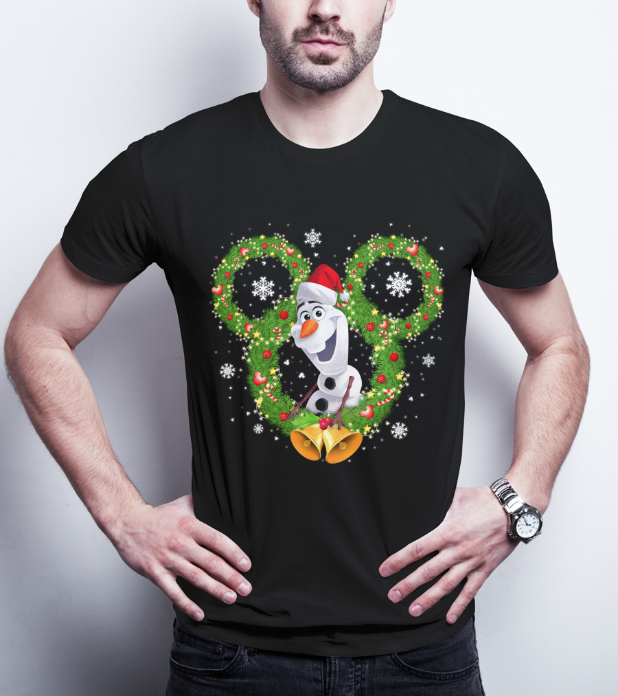 Olaf Frozen Christmas Mickey Wreath With Snowflakes And Santa Hat T-Shirt