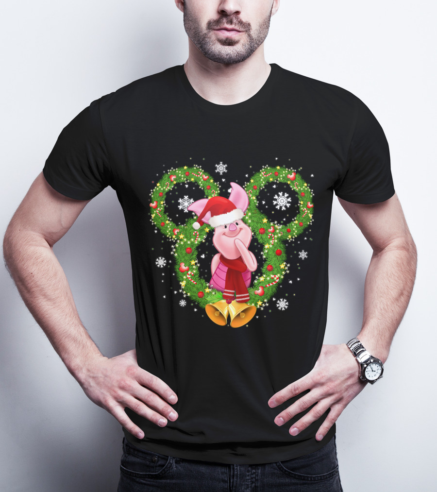 Piglet Christmas Wreath Mickey Mouse Ears Snowflakes Santa Hat T-Shirt
