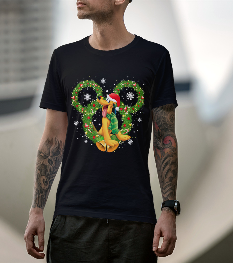 Pluto Christmas Wreath Snowflakes Santa Hat Holiday Disney T-Shirt