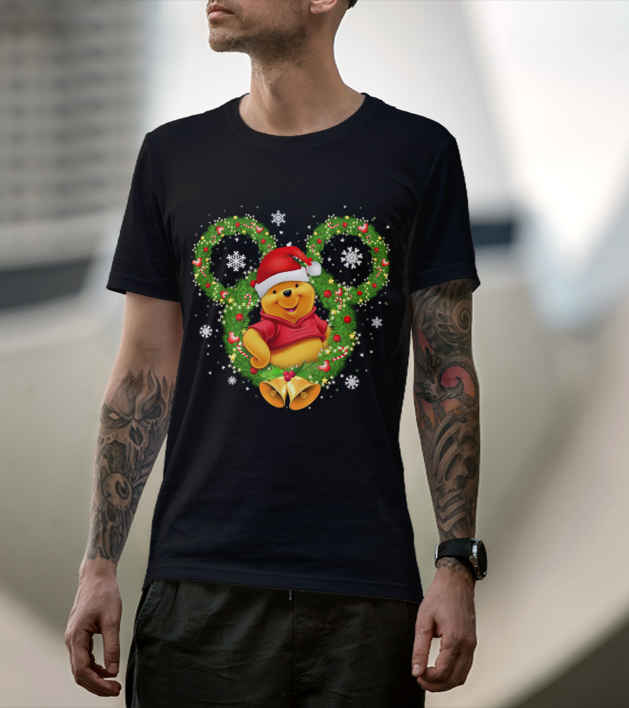 Winnie The Pooh Christmas Mickey Wreath Santa Hat Snowflakes T-Shirt