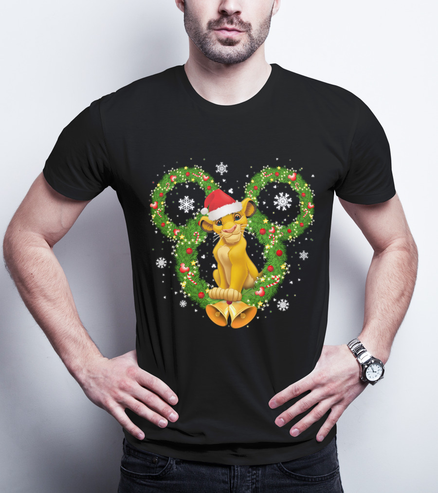 Simba Christmas Wreath With Santa Hat And Snowflakes T-Shirt