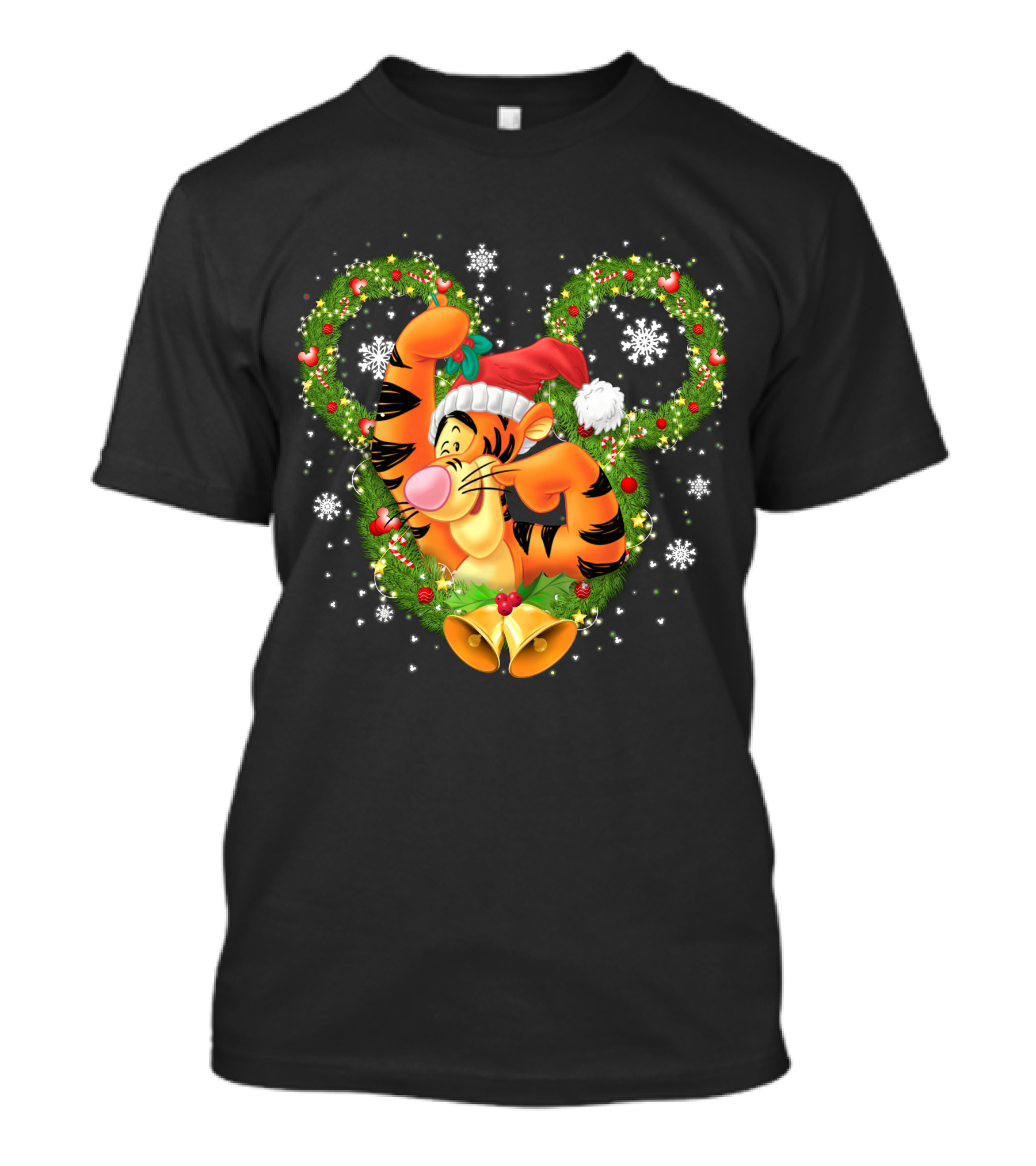 Tigger Christmas Mickey Ears Snowflakes Santa Hat Wreath T-Shirt