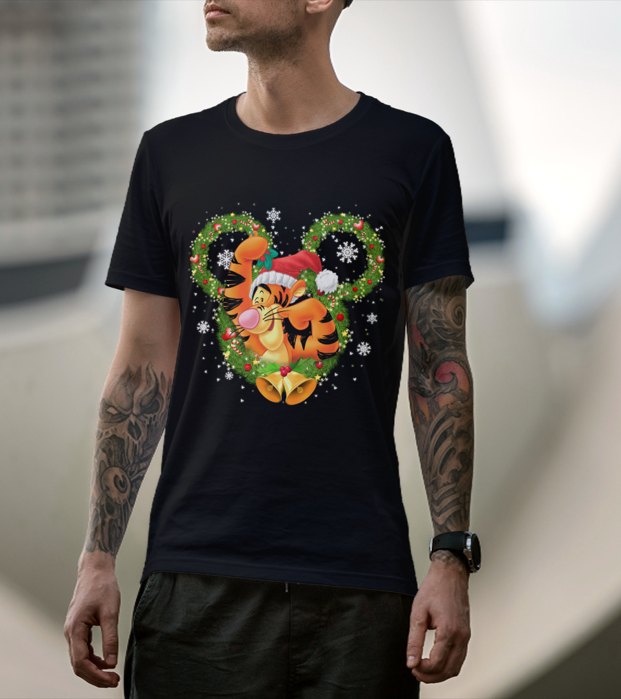 Tigger Christmas Mickey Ears Snowflakes Santa Hat Wreath T-Shirt