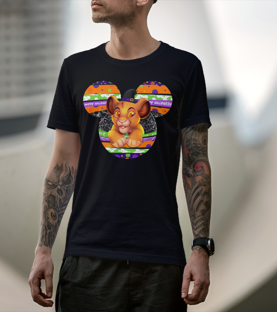 Simba Happy Halloween Mickey Mouse Ears Black Hat Spider Web Stripes T-Shirt