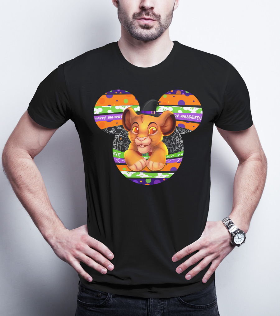 Simba Happy Halloween Mickey Mouse Ears Black Hat Spider Web Stripes T-Shirt