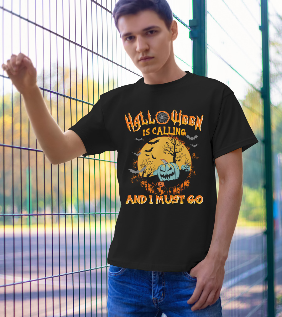 Halloween Is Calling And I Must Go Spooky Moon And Pumpkins Scene T-Shirt